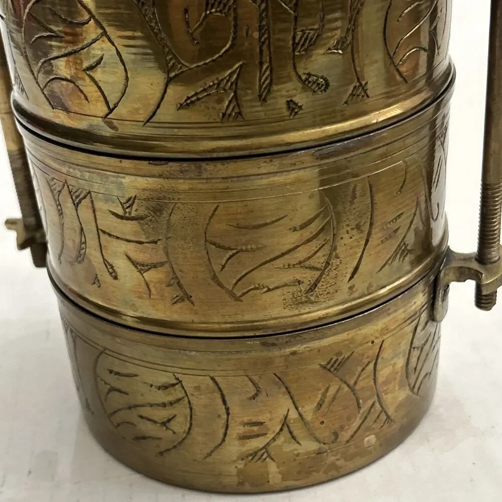 Accents | Vintage Brass Tiffin Stacking Food Boxes With Fork And Spoon ...